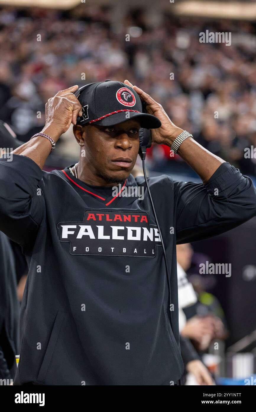 Atlanta Falcons head coach Raheem Morris coaches against the Las Vegas ...