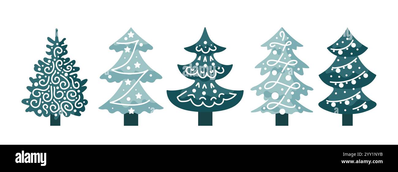 This set of Christmas trees showcases a minimalist design in a flat ...