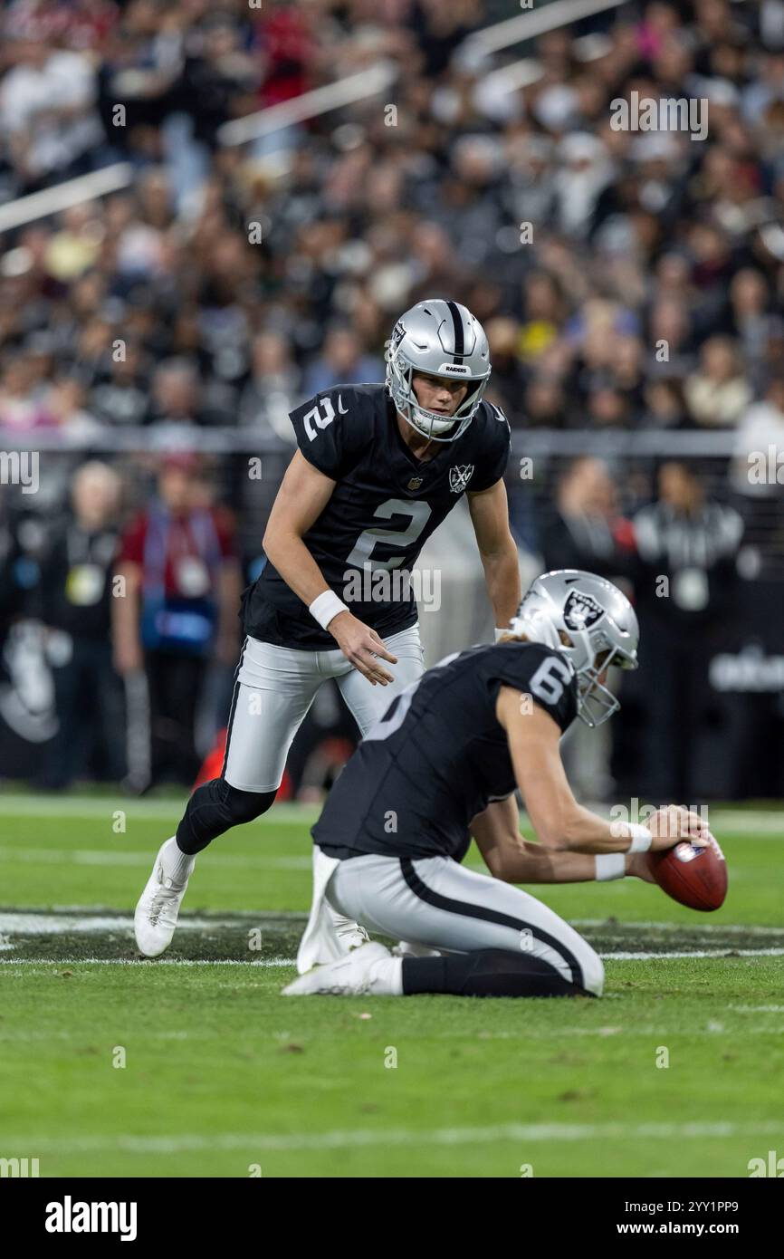 Las Vegas Raiders kicker Daniel Carlson (2) kicks a field goal against ...