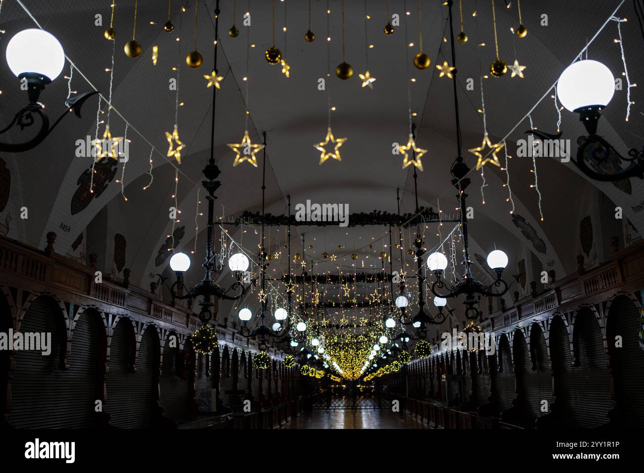 Christmas Decorations with Lights and Stars in a Historic Hall Stock ...