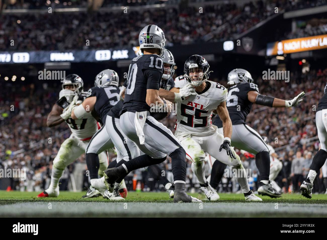 Atlanta Falcons linebacker Kaden Ellis (55) rushes Las Vegas Raiders ...