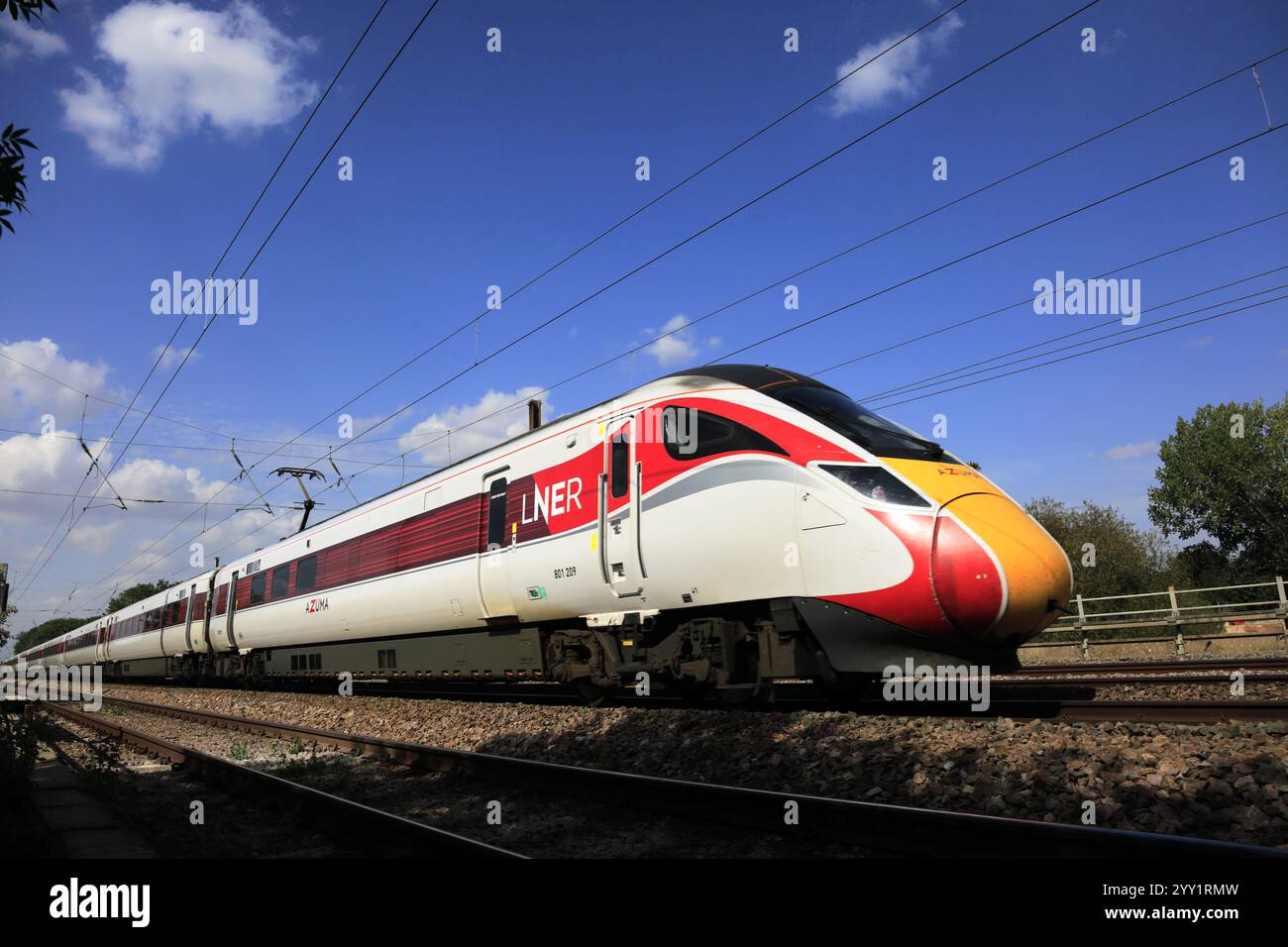 LNER Azuma train, East Coast Main Line Railway near Huntingdon town ...