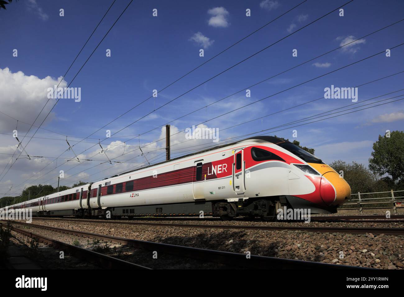 LNER Azuma train, East Coast Main Line Railway near Huntingdon town, Cambridgeshire, England, UK ...