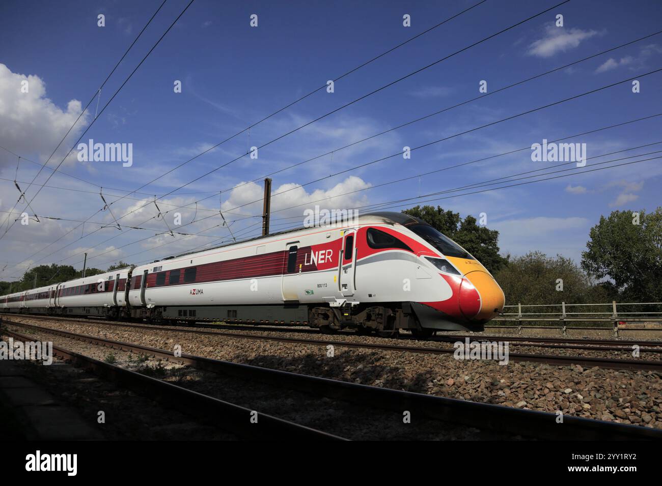 LNER Azuma train, East Coast Main Line Railway near Huntingdon town, Cambridgeshire, England, UK ...