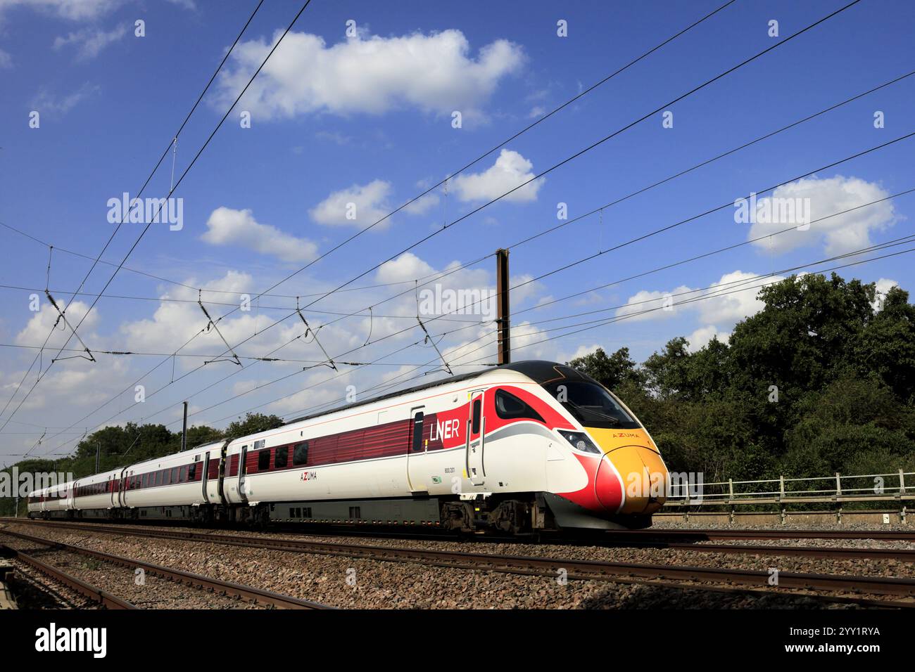 LNER Azuma train, East Coast Main Line Railway near Huntingdon town ...