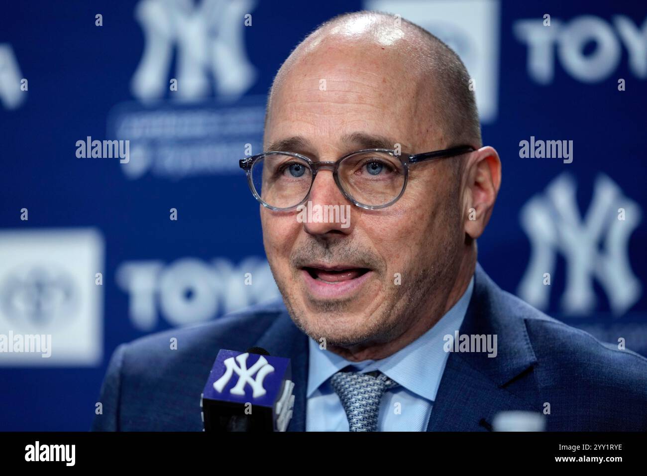 New York Yankees general manager Brian Cashman speaks during a baseball ...