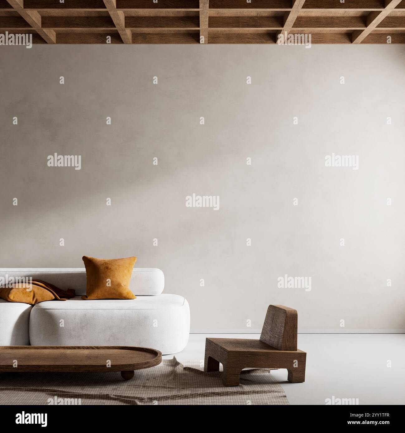 Japanese style interior design with wooden furnitures and raw materials ...