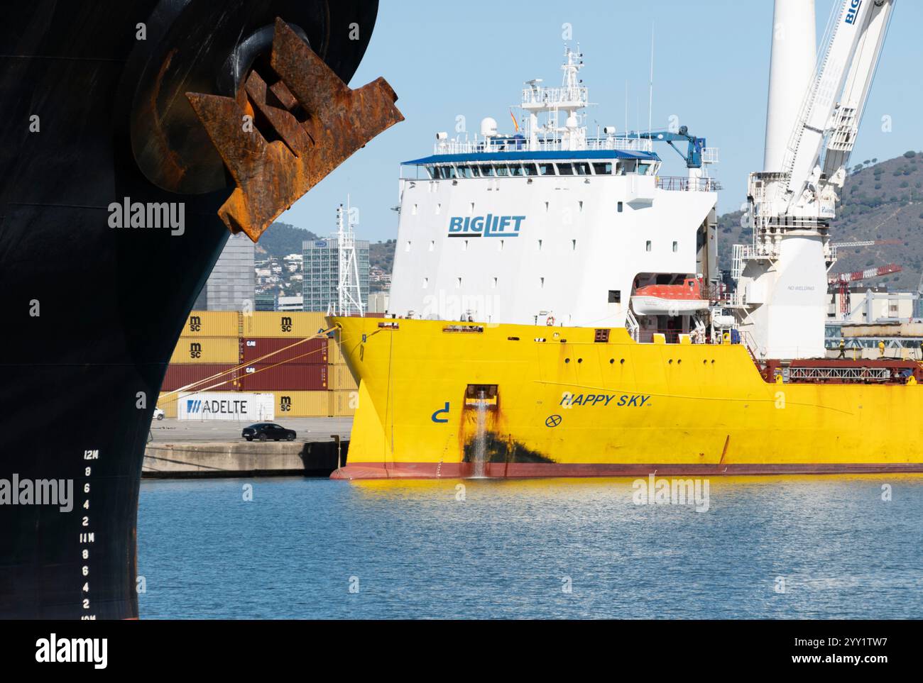 Bow of the heavy lift cargo vessel Happy Sky from BigLift, docked at the Port of Barcelona ...