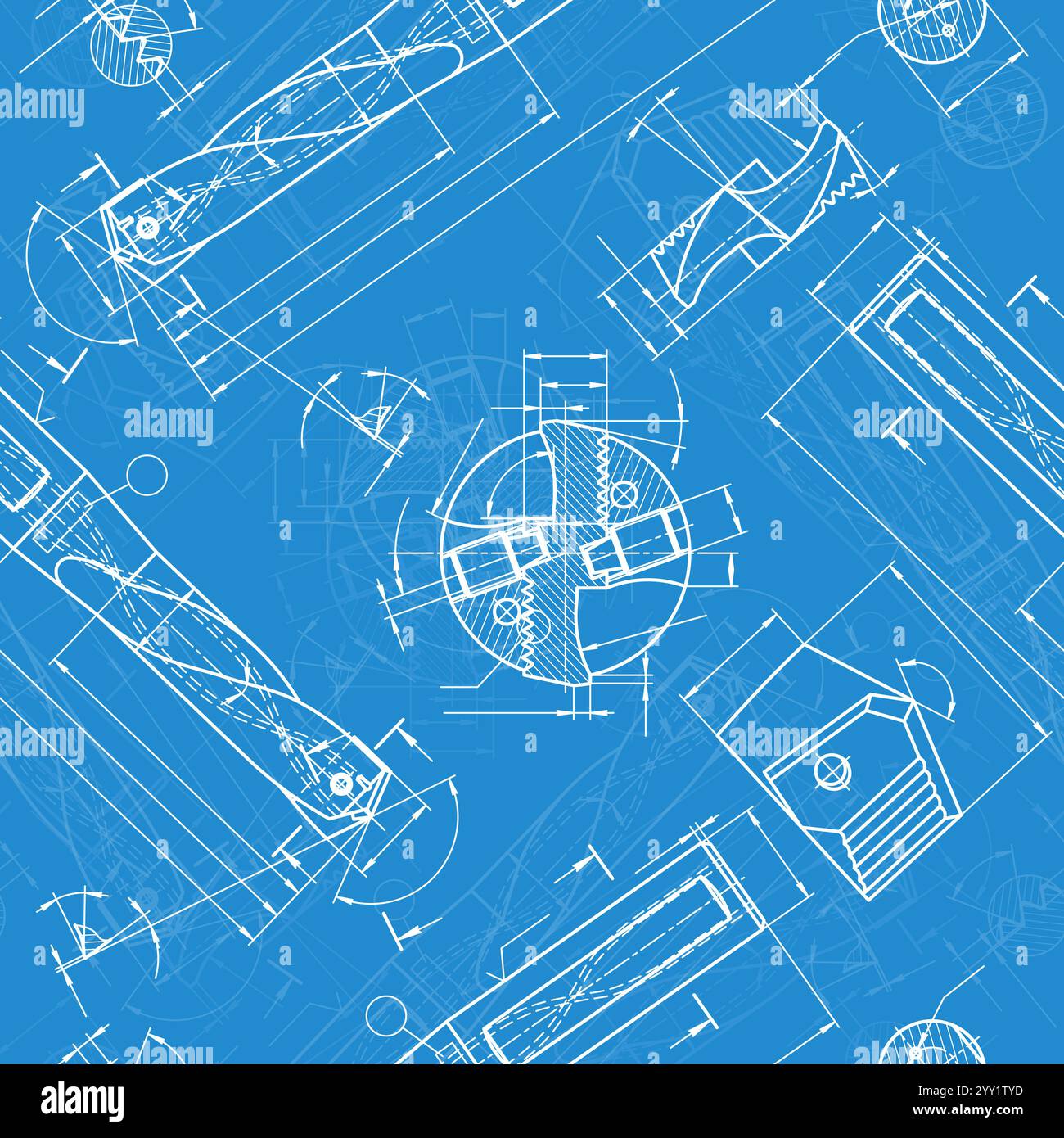 Mechanical engineering drawings on blue background. Drill tools, borer ...