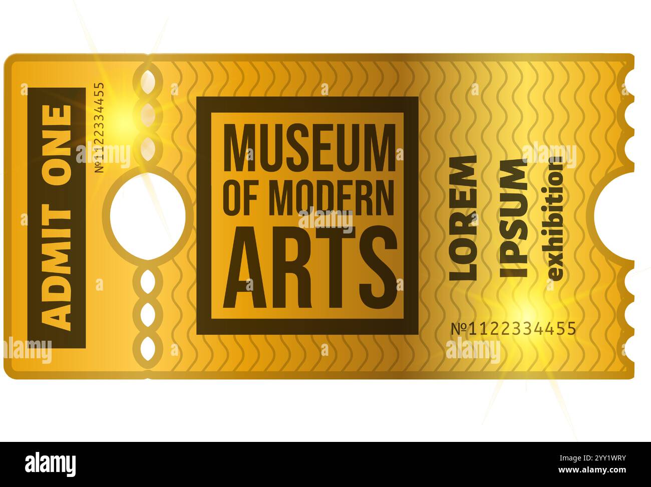 Golden ticket for Museum of Modern Arts exhibition with admit one text and serial number on wavy ...