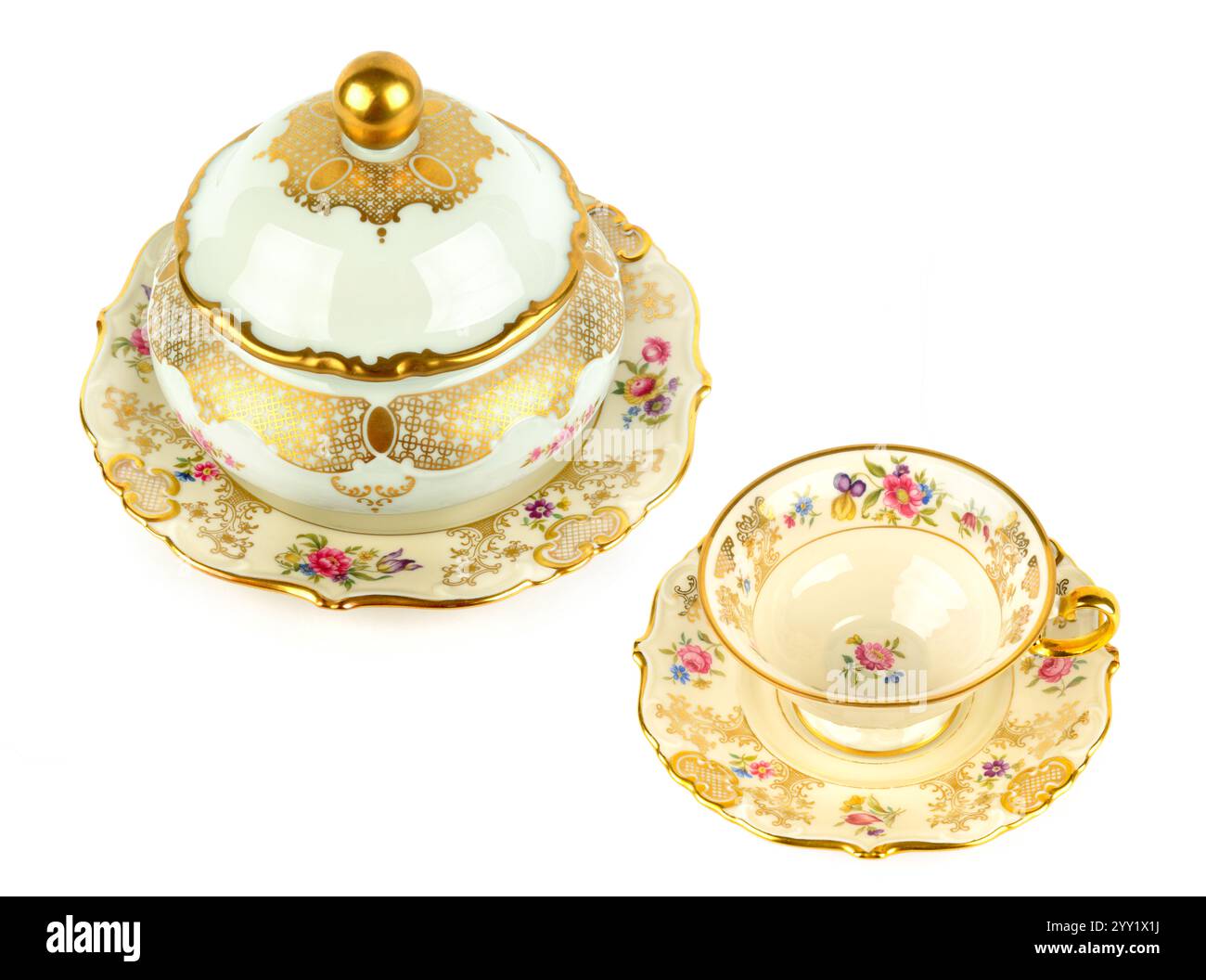 Vintage porcelain candy bowl ,cup and saucer isolated on white ...