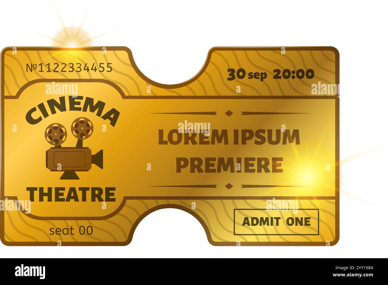 Golden cinema ticket for a movie premiere showing date, time, seat and ...