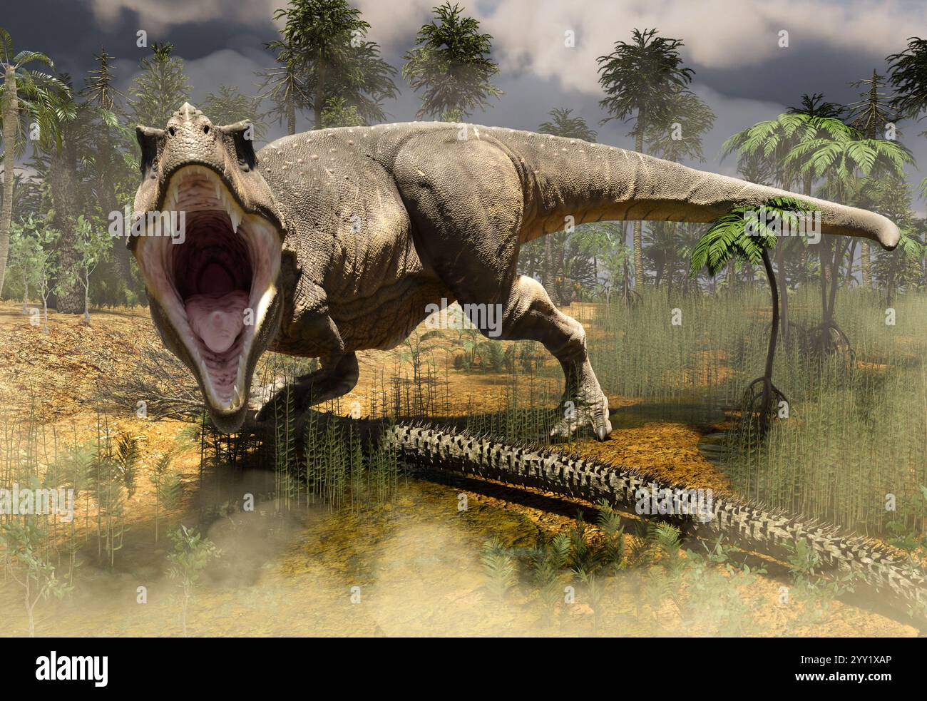 Dinosaur predator Tyrannosaurus Rex attacking, 3d render Stock Photo ...
