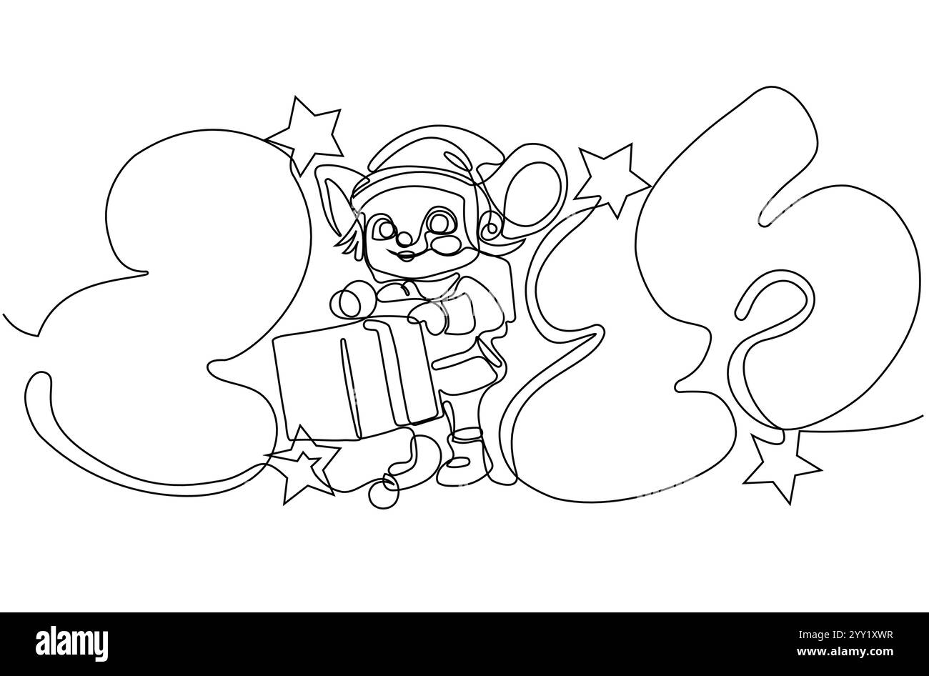Continuous one line doodle drawing of new year 2025. Holiday concept ...