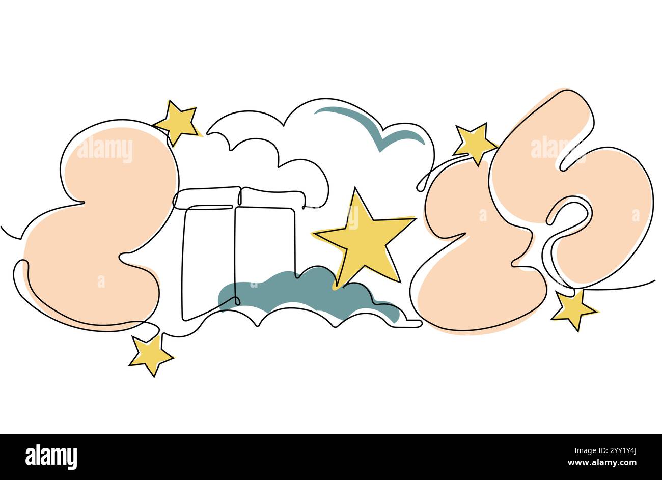 Continuous one line doodle drawing of new year 2025. Holiday concept ...