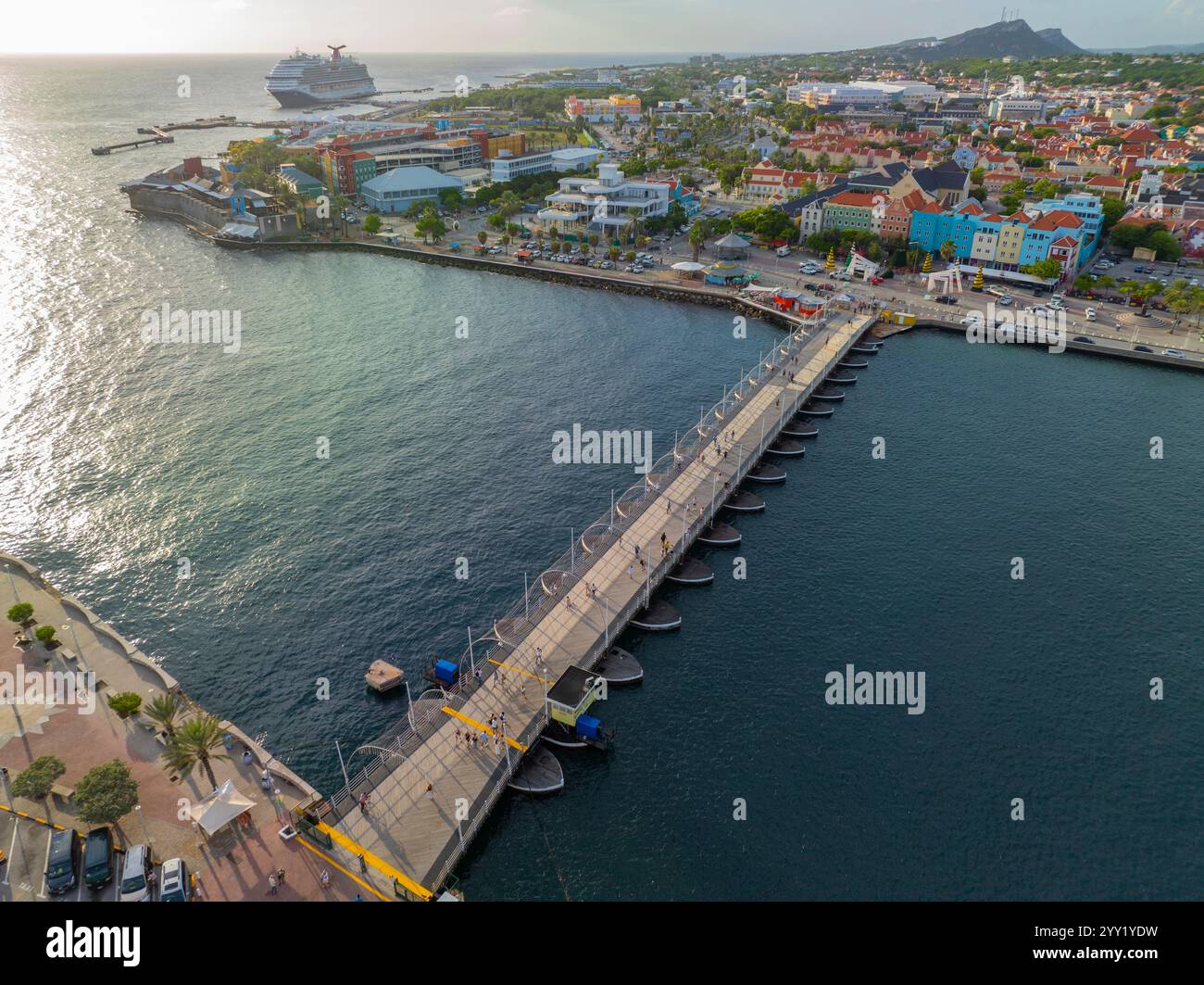 Koningin Emmabrug floating bridge aerial view which connects Punda on ...