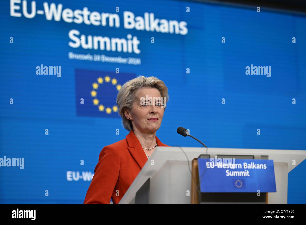 European Commission President Ursula von der Leyen addresses a media ...