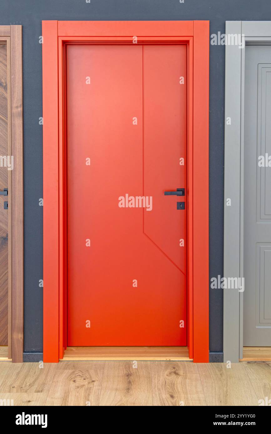 Closed Red Door in Modern Home Interior With Parquet Floor Stock Photo ...
