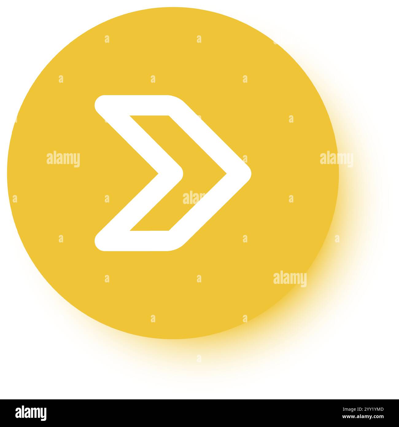 White arrow pointing right on a vibrant yellow circular background, representing direction ...