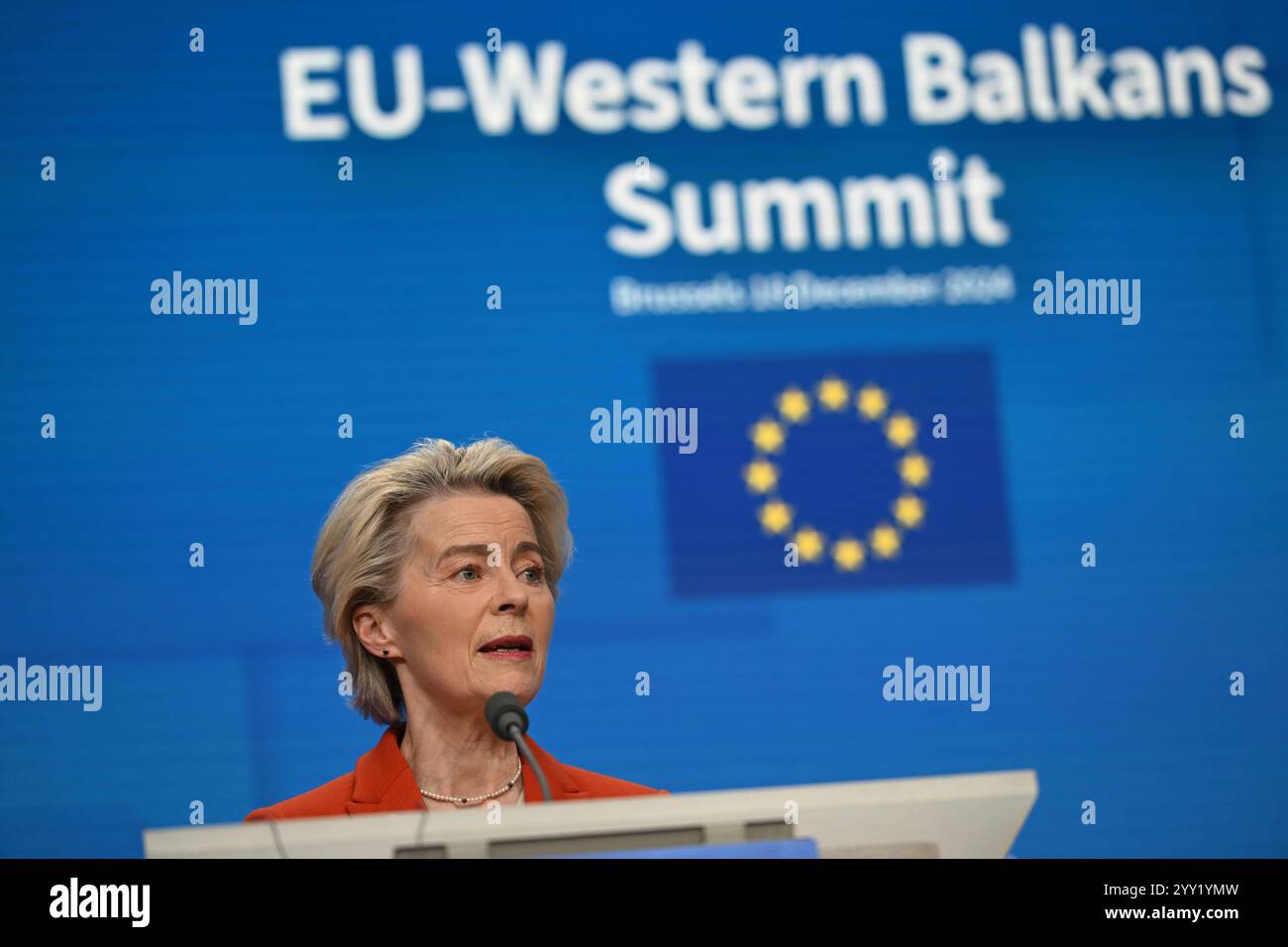 European Commission President Ursula von der Leyen addresses a media ...