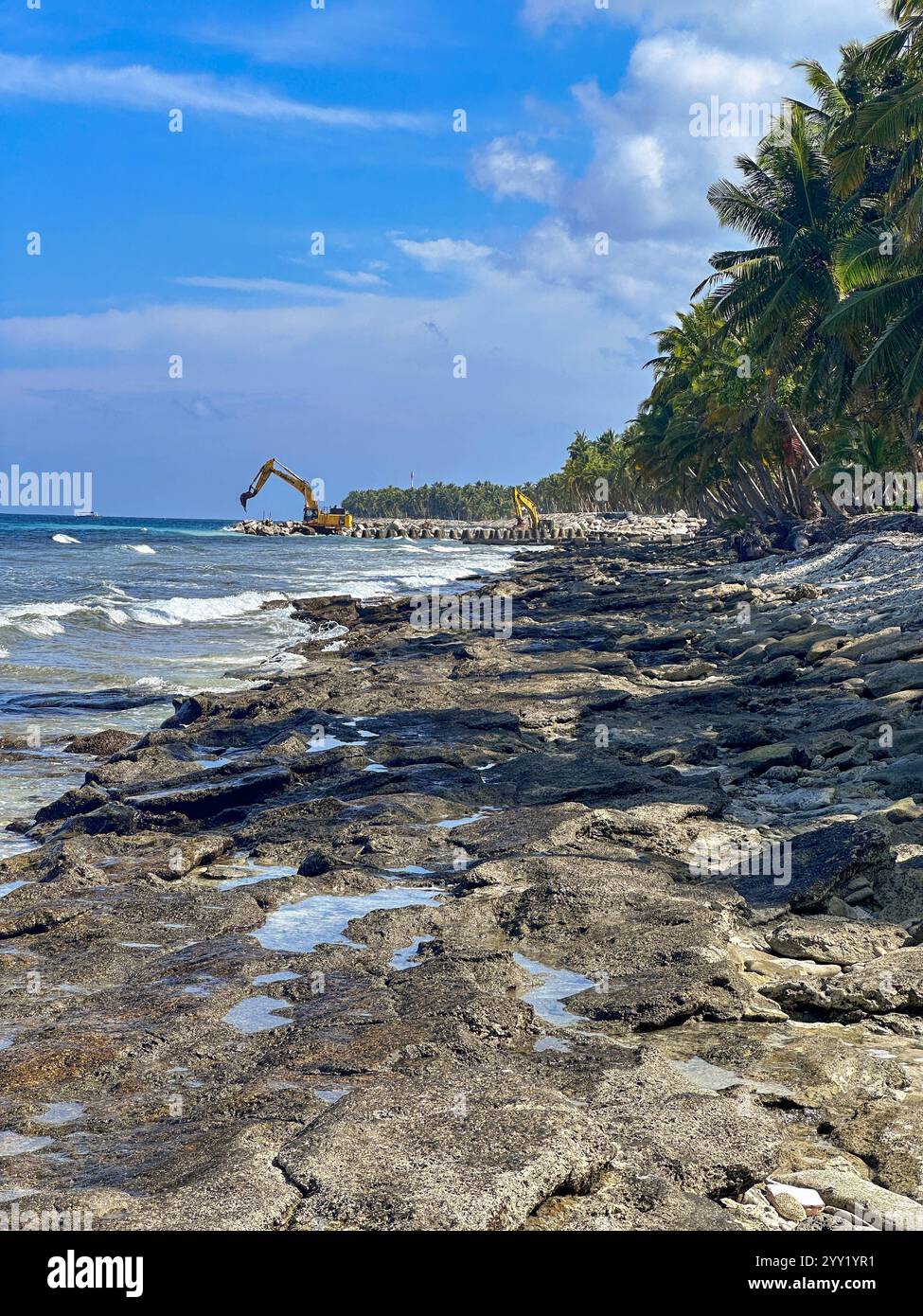 Workers build a protective dike against rising waters in the Island of ...