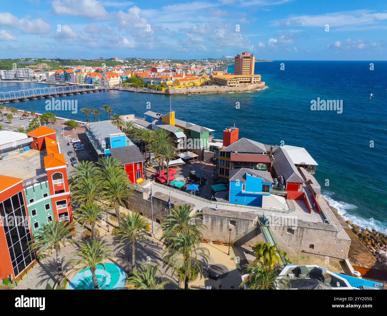 Rif Fort aerial view with modern stores at the mouth of Sint Anna Bay ...