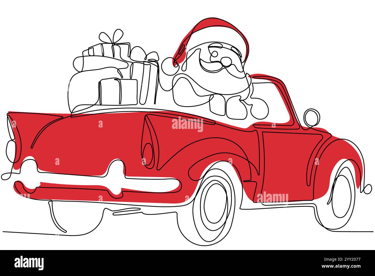 Vector hand drawn Christmas concept sketch. Santa Claus driving car ...