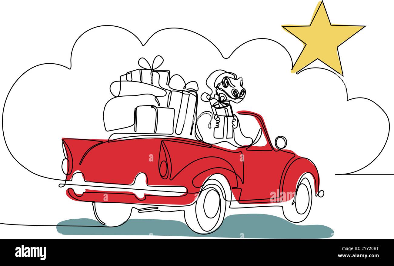 Vector hand drawn Christmas concept sketch. Santa Claus driving car ...