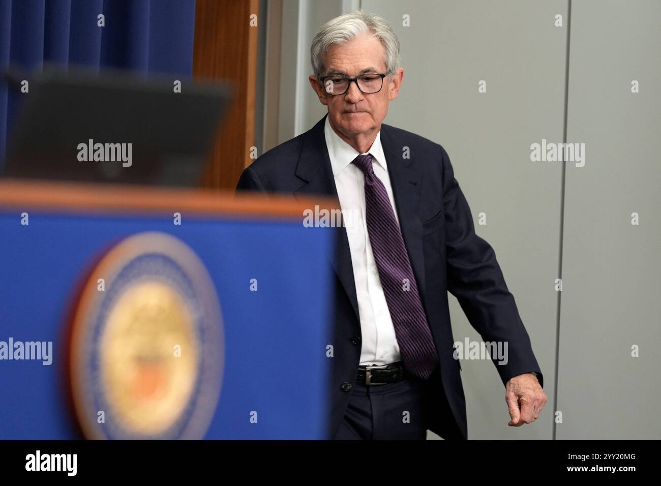 Federal Reserve Board Chairman Jerome Powell arrives for a news ...