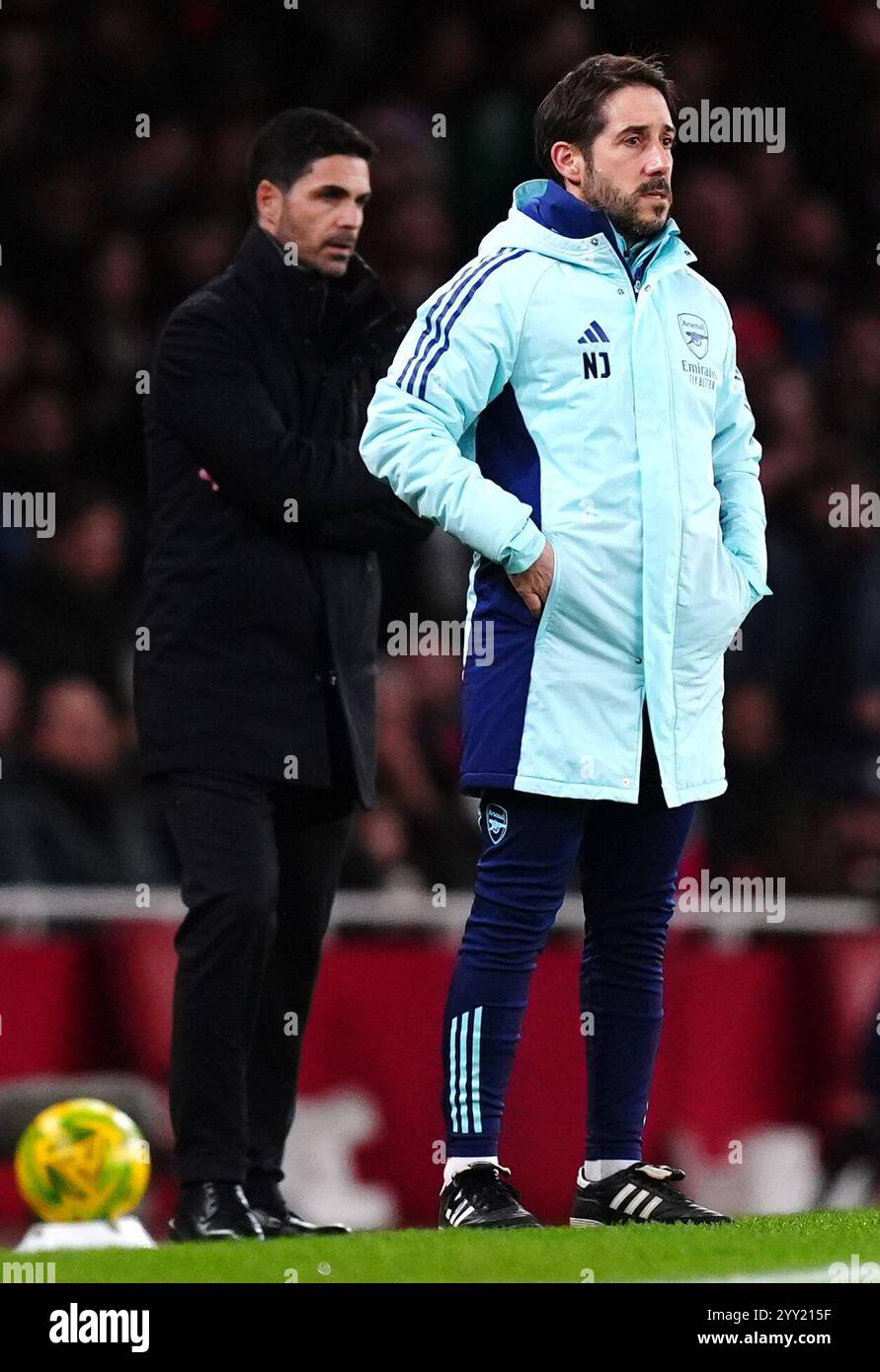 Arsenal technical coach Nicolas Jover (right) and manager Mikel Arteta ...