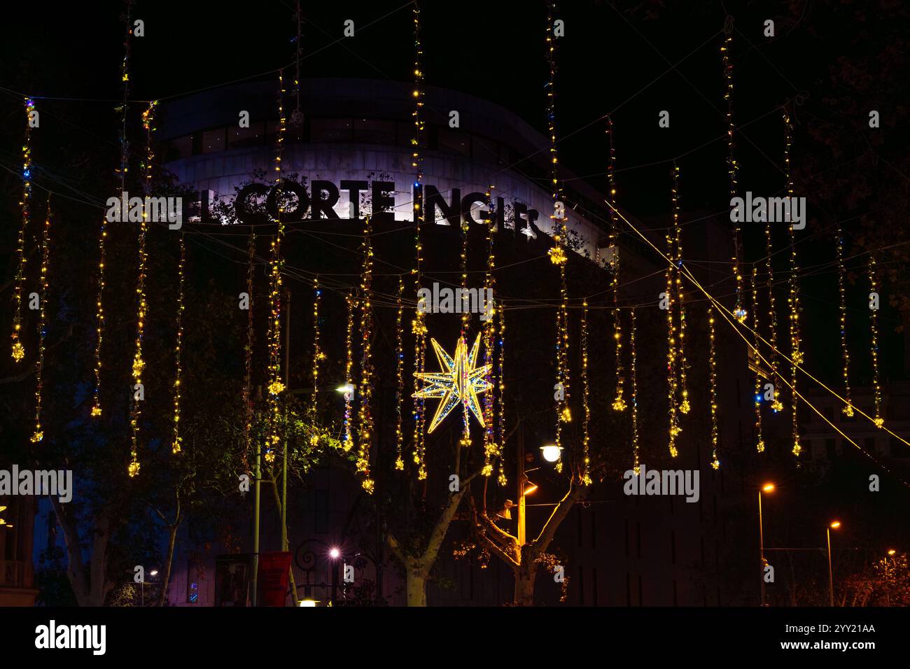 Vertical strips of Christmas lights with decorations and stars hanging ...