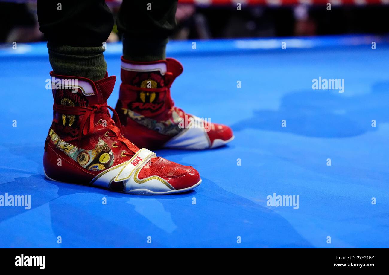Close view of Tyson Fury's shoes during an open workout at Boulevard ...