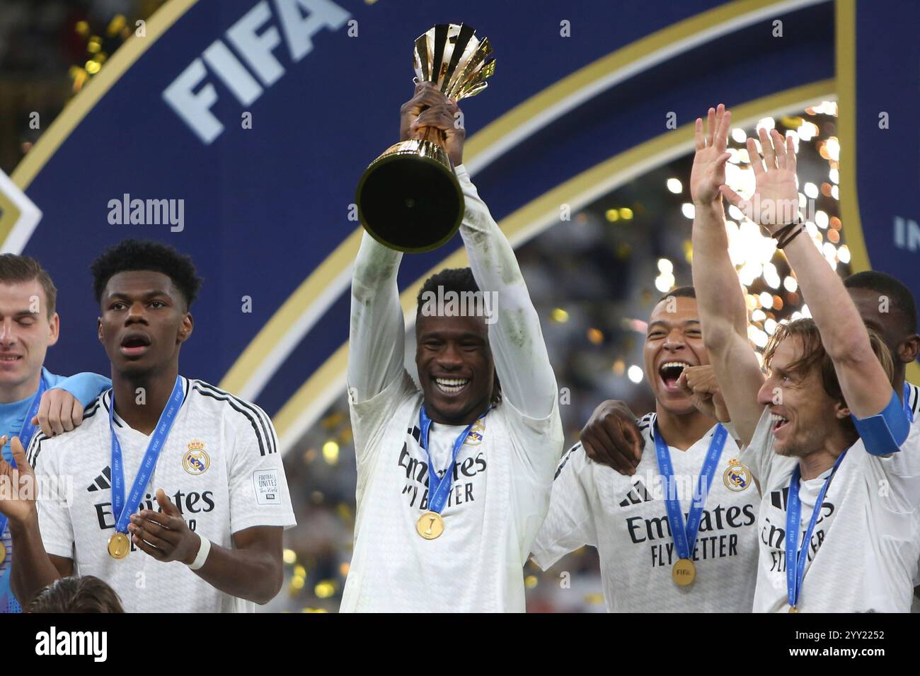 Real Madrid's Eduardo Camavinga lifts the trophy after winning the ...
