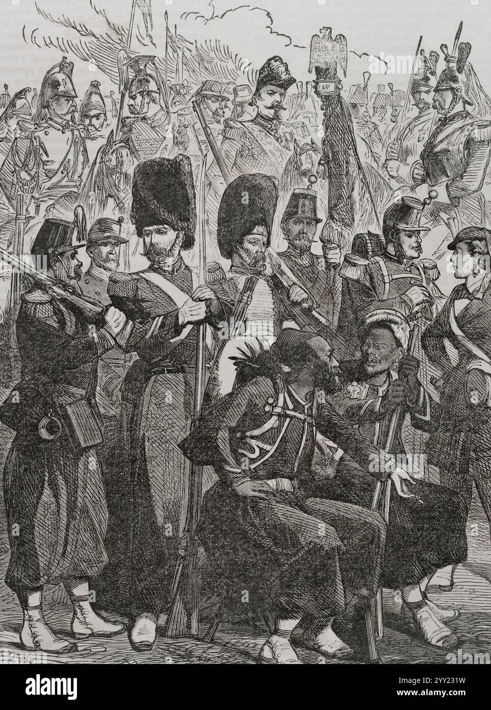 French army uniforms in 1870. Engraving. "Historia de la Guerra de ...