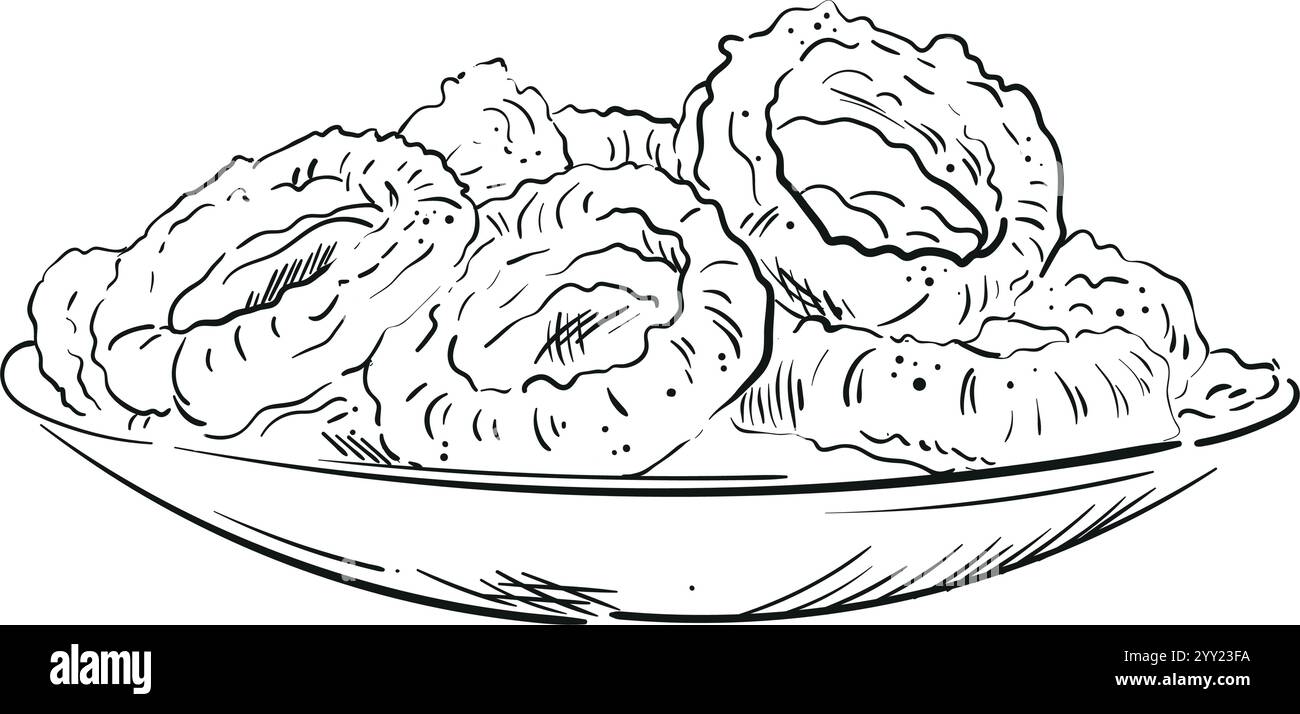 Onion rings, hand drawn fast food vector illustration. Snack for design ...