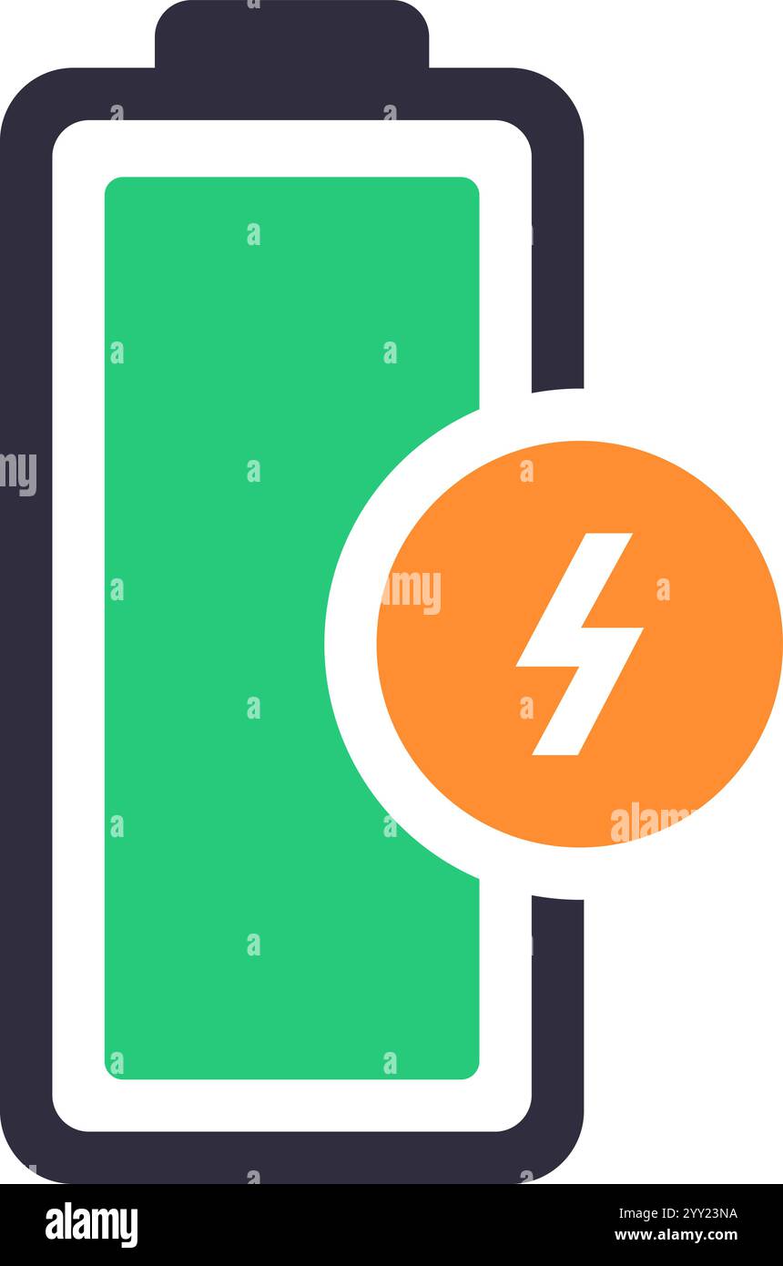 Battery icon charging, with green indicator and orange lightning bolt ...
