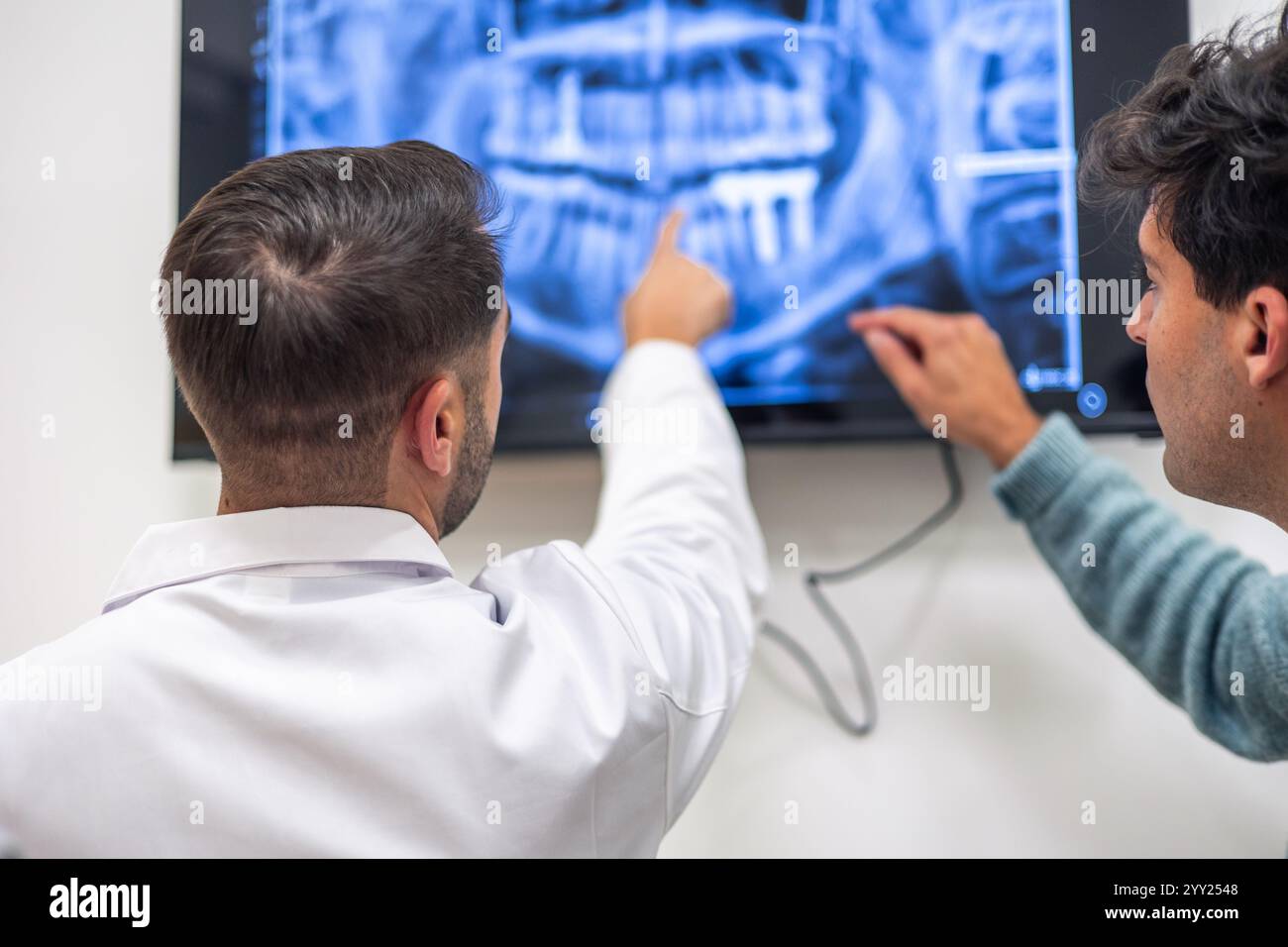 Professional dentist pointing at a digital screen showing a panoramic ...
