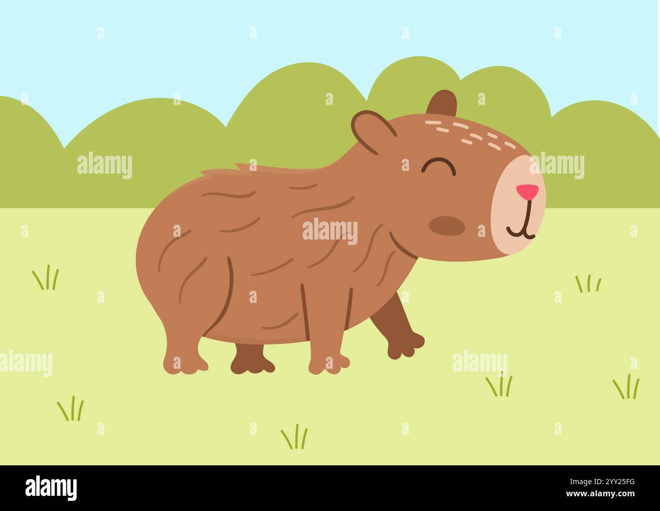Vector capybara landscape illustration. Cute scenery with capibara ...