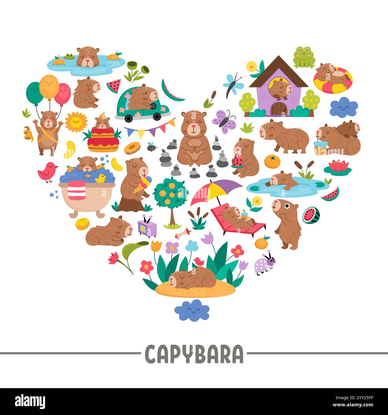 Vector capybara heart shaped frame with relaxed animals, frog ...