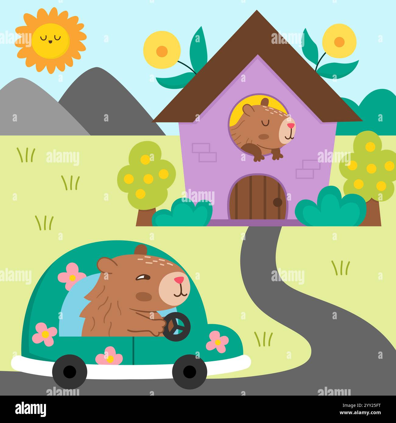 Vector capybara landscape illustration. Cute square scenery with ...