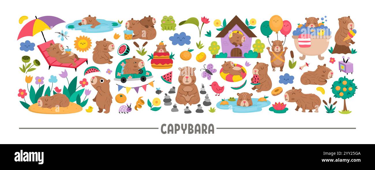 Vector capybara horizontal set with relaxed animals, frog, tangerines ...