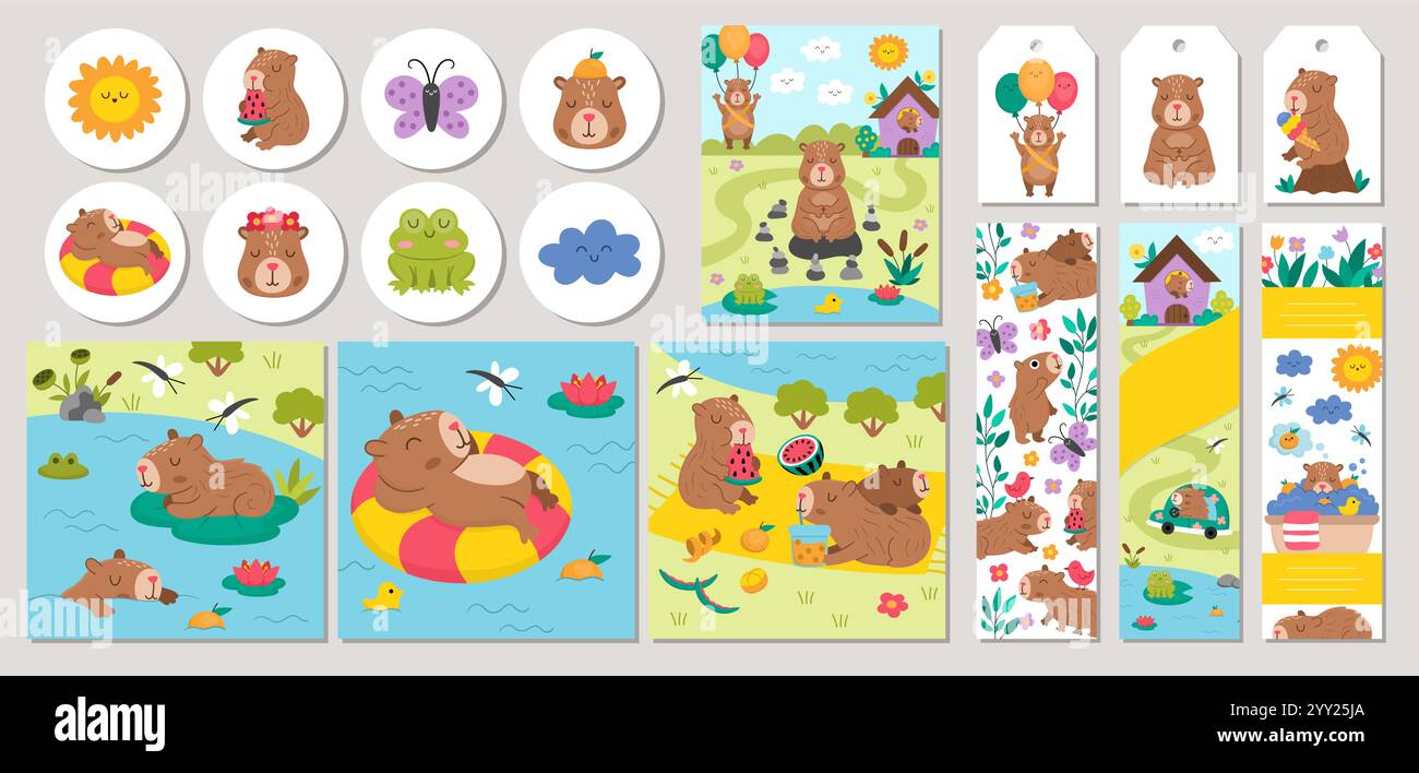 Cute capybara cards set with bath, fruit, reeds, birds. Vector cartoon ...