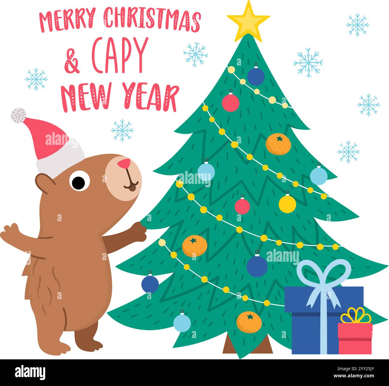 Vector Christmas capybara square card template. Cute capibara in Santa ...