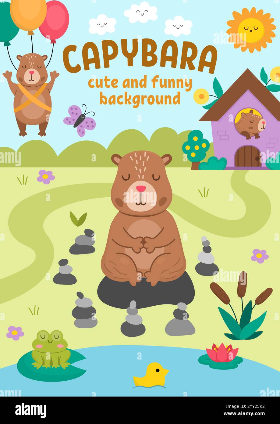 Vector vertical scene with capybaras. Landscape illustration with ...