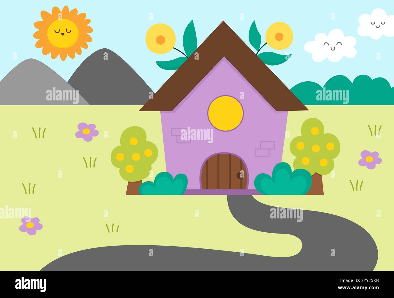 Vector landscape illustration with road leading to purple house, meadow ...