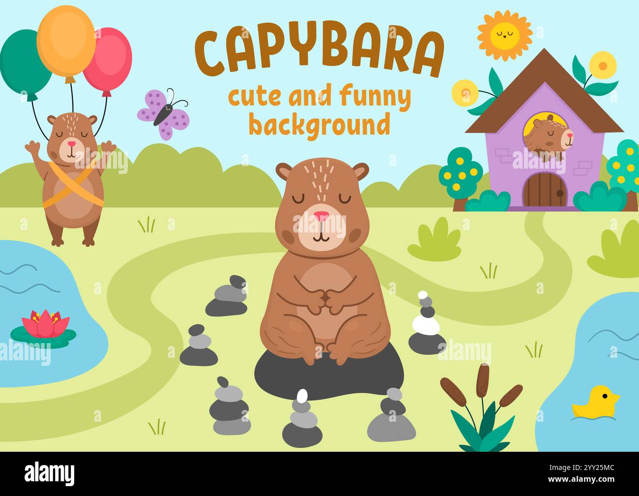 Vector horizontal scene with capybaras. Landscape illustration with ...