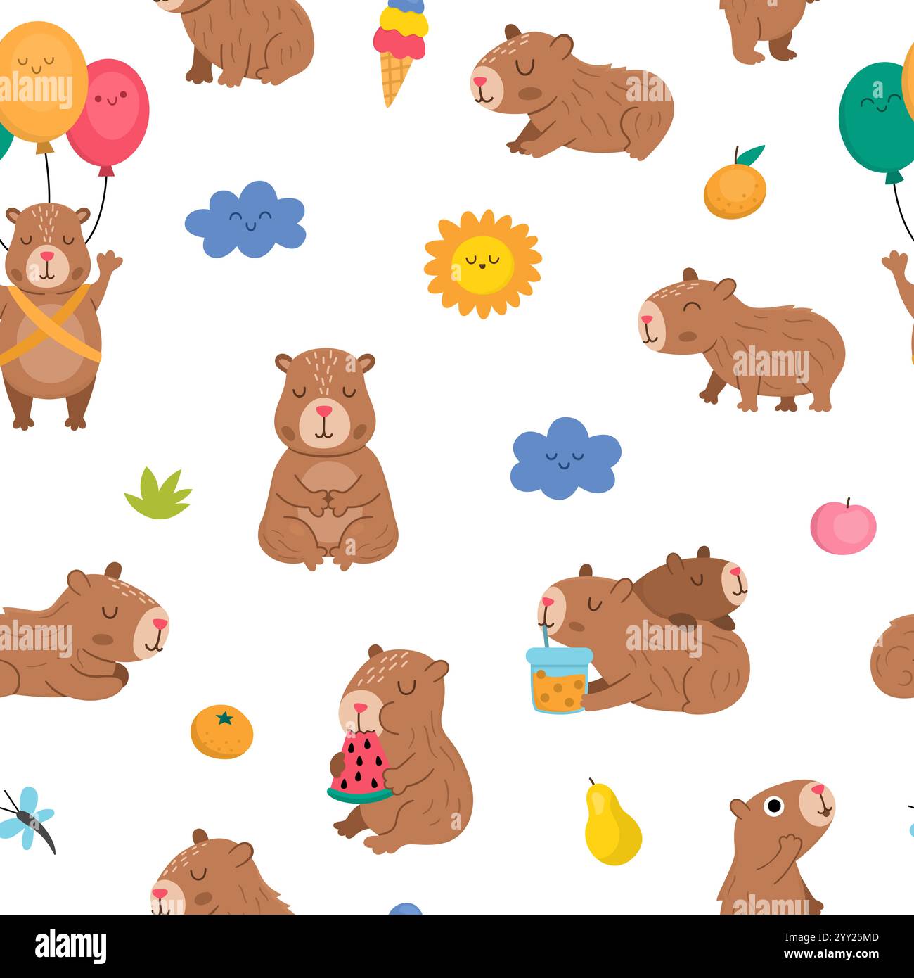 Vector capybara seamless pattern. Cute capibara repeat background with sun, clouds, balloons ...