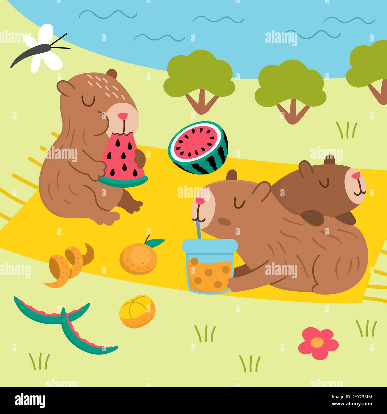 Vector capybara landscape illustration. Cute square scenery with ...