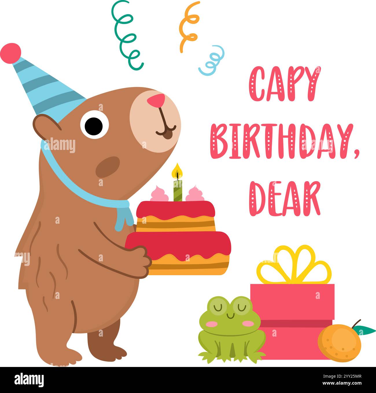 Vector Birthday capybara square card template. Cute capibara in cone ...
