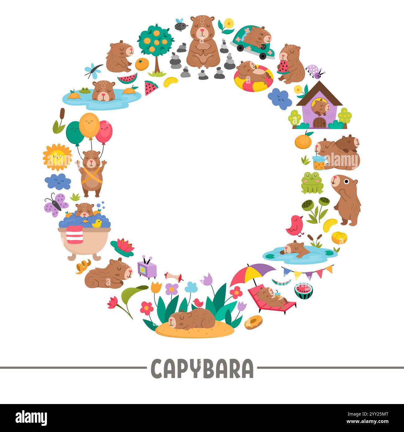 Vector capybara round wreath frame with relaxed animals, frog ...